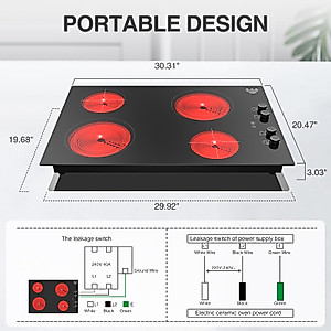 Electric Cooktop 30 Inch, Electric Stove Top 4 Burner 7200W, POTFYA Build-In Electric Ceramic Cooktop for Cooking, 220-240V, Knob Control,No Plug,Suitable for all Pans