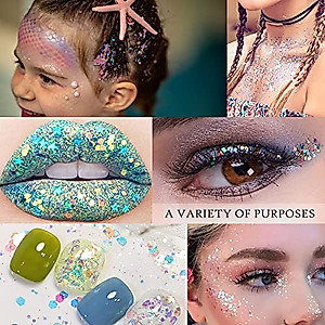 Ownest 12 Colors Holographic Chunky Glitter Gel Set, Christmas Party Makeup Face Body Eye Lips Hair Nail Cosmetic Festival Chunky Glitter Eyeshadow, Mixable, No Need Glue