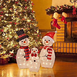 Joliyoou 2D Christmas Yard Decoration, Set of 3 Pre-lit Snowmen with 60 LEDs Warm White Lights for Xmas Front Door Indoor Outdoor Lighted Holiday Displays (Tinsel Look)