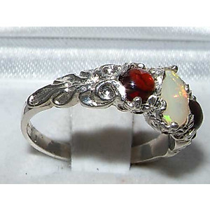 LetsBuyGold Ladies Solid Sterling Silver Natural Opal & Garnet English Victorian Trilogy Ring - Size 4.75