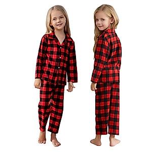 Family Plaid Pajamas Set, Baby Toddler Little Boy's Girl's 2-Piece Button Down Sleepwear Pjs, Black Red, 9-10 Years=Tag 150
