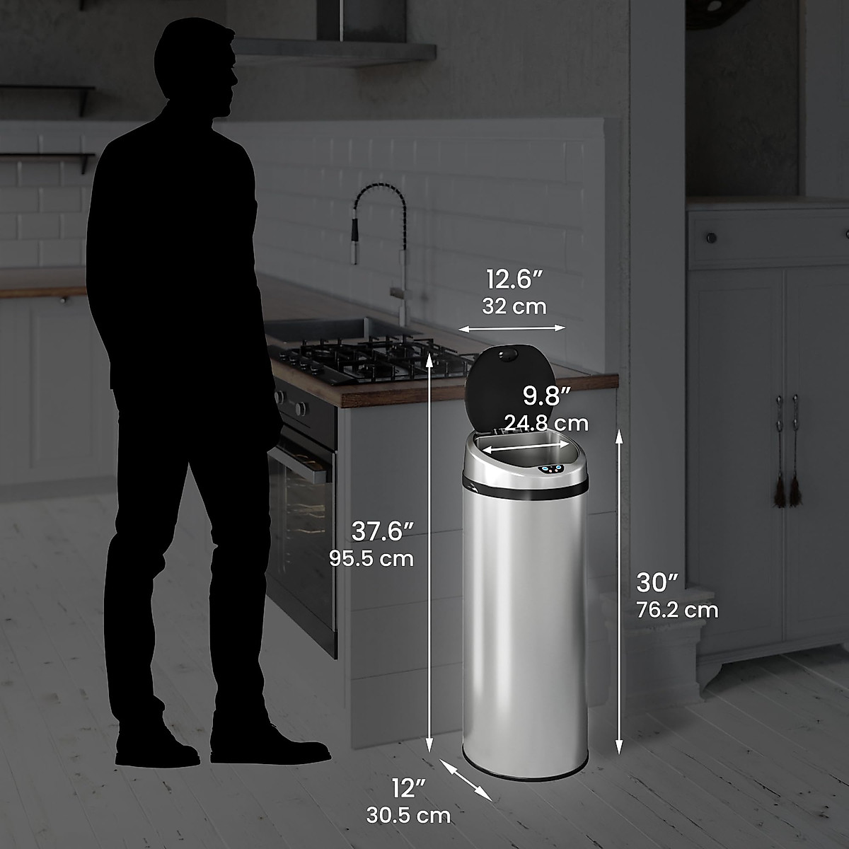 iTouchless 13 Gallon Touchless Sensor Kitchen Trash Can with Odor Control System, Brushed Stainless Steel, Round Garbage Bin for Home or Office - IT13RCB