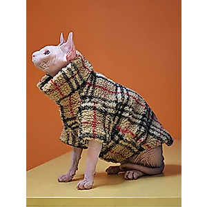 Sphynx Hairless Cat Clothes Winter Thick Warm Plaid Printing High Collar Button Coat for Cats Soft Faux Fur Pet Clothes with Sleeves (Vintage Plaid, M(4.4-5.5lbs))