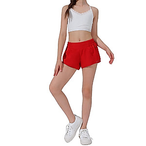 Aurefin Girls Athletic Shorts, Lightweight Running Shorts for Teen Girls Kids Sports Active Shorts with Zip Pocket and Elastic Red/XL