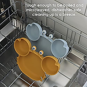 ROCCED [Upgraded] Suction Plates for Baby, Silicone Plates with Suction Divided, Baby Spoon Fork Set for Toddler Baby Dishes Kids Plates and Utensils-Crab Dark Blue
