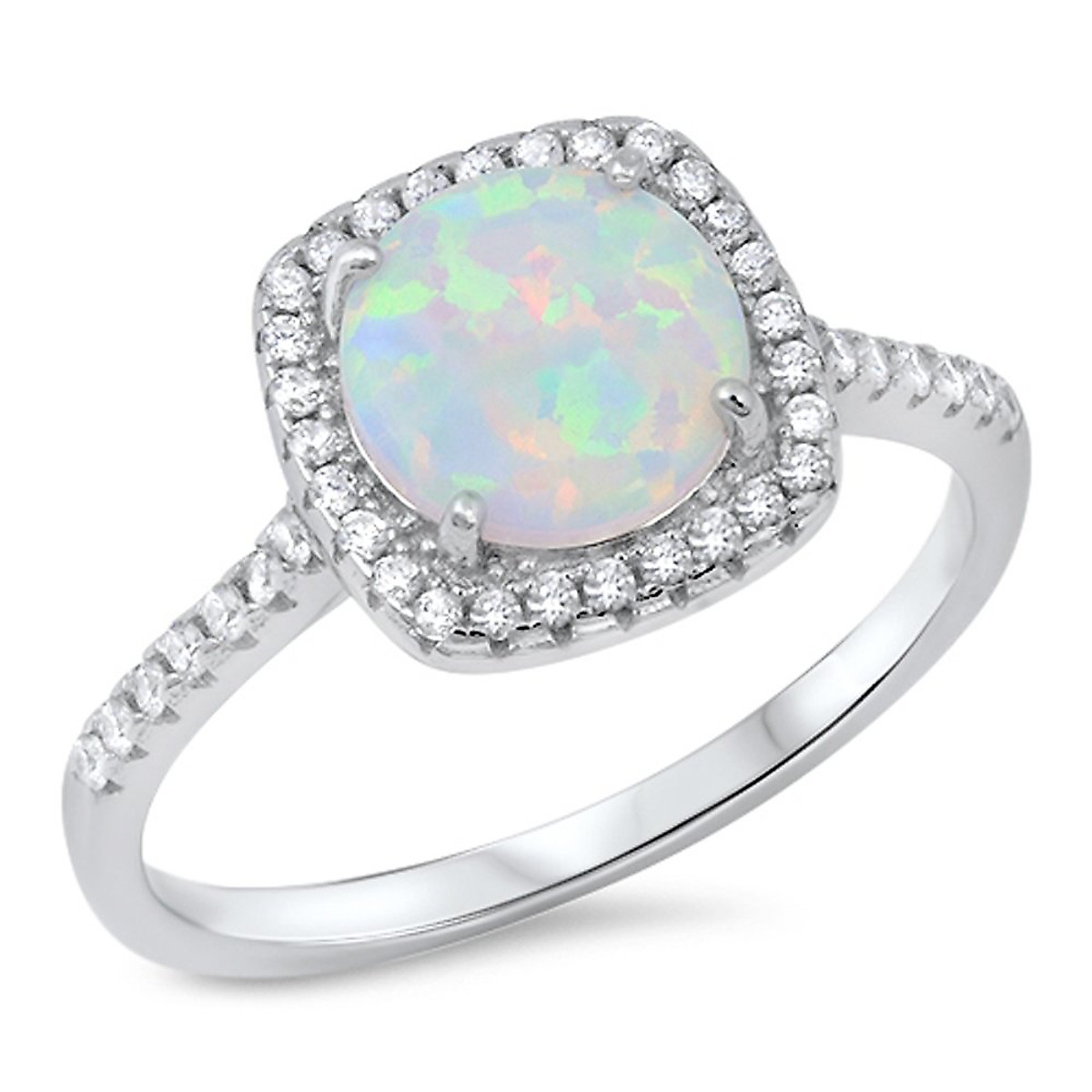 Round White Simulated Opal Micro Pave Halo Ring .925 Sterling Silver Band Size 11
