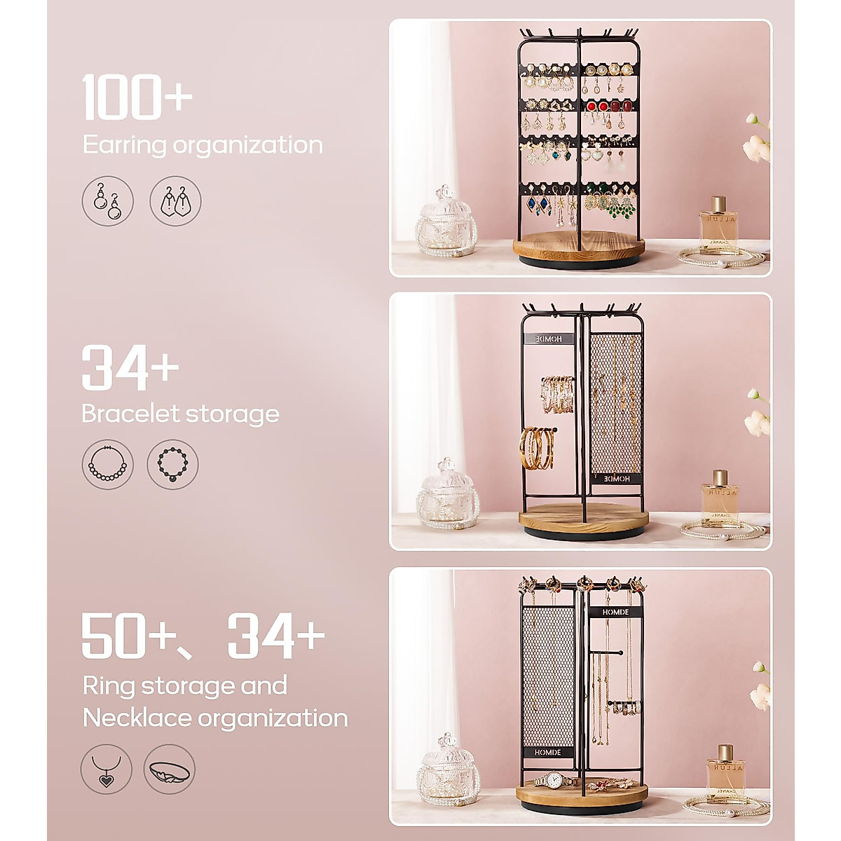 Homde 360 Rotating Jewelry Stand Hold up to 48 Pairs of Earrings and 34 Necklaces Jewelry Tower Tree Earring Necklace Bracelet Display Organizer with Solid Wood Base (Brown + Black)