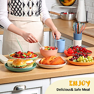 56 Pieces Wheat Straw Dinnerware Set Unbreakable Plastic Plate and Bowl Dishes for Kids Travel Picnic Camping Dishes Colorful Dinner Plates Dishwasher Microwave Safe Reusable Lightweight Tableware