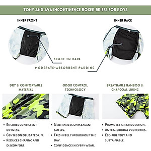 Tony and Ava Incontinence Boxer Briefs for Boys with Special Needs | Soft Cotton Liner | Slim Fit Underwear for Boys (120 lbs) | Comfortable, Camouflage Design, Pack of 2 (Large)