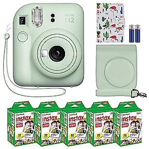 Fujifilm Instax Mini 12 Instant Camera Mint Green + MiniMate Accessory Bundle & Compatible Custom Case + Fuji Instax Film Value Pack (50 Sheets) Flamingo Designer Photo Album