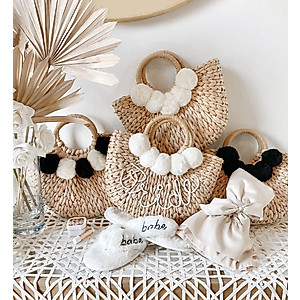 ModParty Boho Chic Straw Bag with Pom Poms Hand-Woven Sound Handle Purse Summer Beach Bag for Women (White Pom Poms)