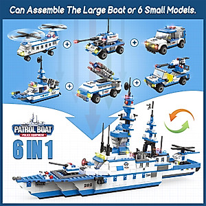 EP EXERCISE N PLAY 1169 Pieces Police Ship Building Blocks Kit with Cop Car Helicopter Patrol Boat for Boys and Girls Age 6-12
