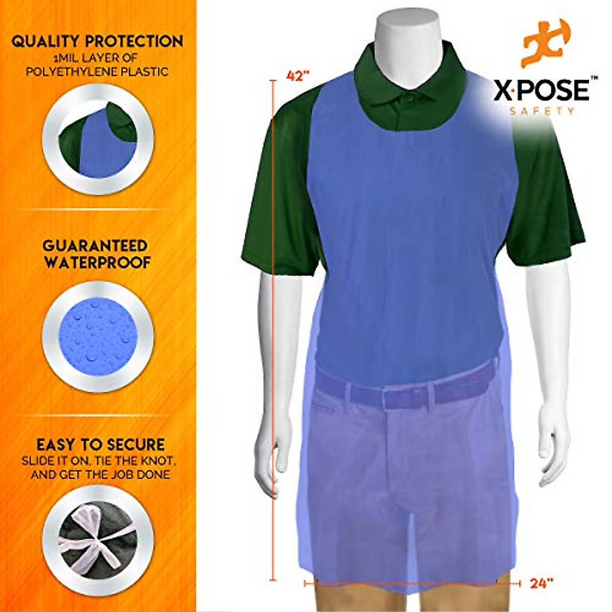 Xpose Safety Plastic Disposable Aprons - Individually Packaged Durable 1 mil 24" x 42" (100, Blue)