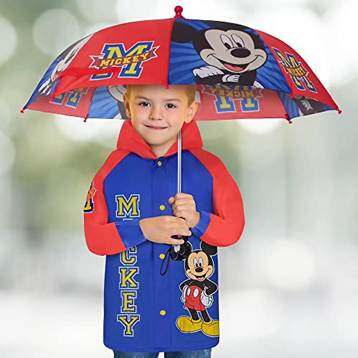 Disney Boys Umbrella and Poncho Raincoat Set, Mickey Mouse Kids Rain Wear For Kids Ages 4-5