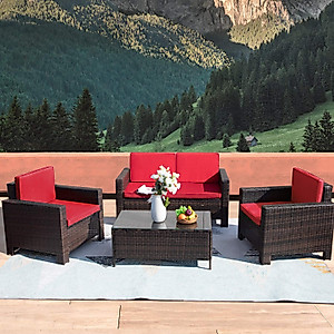 Homall 4 Pieces Outdoor Patio Furniture Sets Rattan Chair Wicker Conversation Sofa Set, Outdoor Indoor Backyard Porch Garden Poolside Balcony Use Furniture (Red)