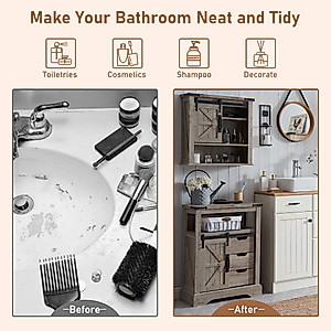 OKD Bathroom Floor Cabinet, Farmhouse Storage Cabinet with Sliding Barn Door & Storage Drawers, Small Storage Cabinet for Bathroom, Kitchen, Living Room, Light Rustic Oak