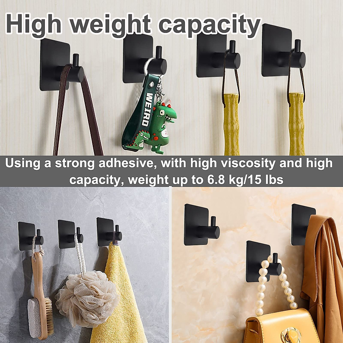 Yukrilt Wall Hooks 15lb(Max) Adhesive Hooks for Hanging, Waterproof Oilproof, Bathroom Kitchen Heavy Duty Self Adhesive Towel Hooks, Black, 8 Pack