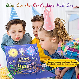 MZD8391 UPGRADED 3D Pop Up Firework Birthday Cards, Musical & LED Lights Birthday Cards with Blowable Birthday Cake, Greeting Cards, Birthday Gifts for Mom Women Men Kids Child Dad Father Wife (Blue)