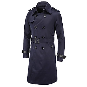 Maiyifu-GJ Men's Double Breasted Trench Coat Stylish Slim Fit Mid Long Belted Windbreaker Lapel Military Jacket with Belt (Dark Blue,XX-Large)