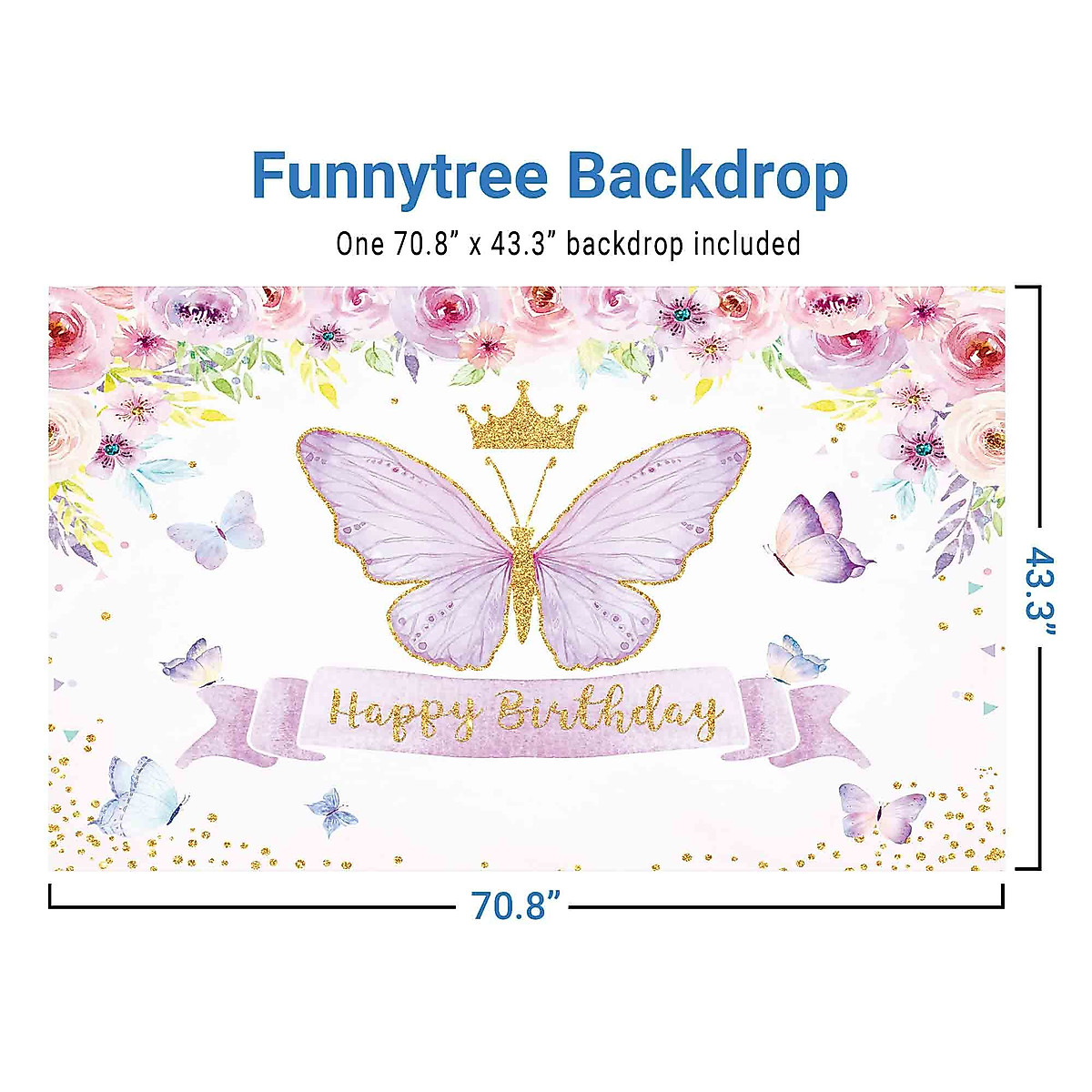Funnytree Happy Birthday Butterfly Party Backdrop Purple Baby Girls Princess Pink Rose Floral Gold Photography Background Kids Sweet Cake Table Banner Decor Supplies