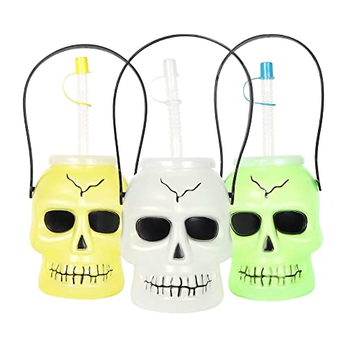 KEPATO Halloween Skull Cup Skull Tumblers,Drinking Jars with lids and straws,Includes three colors of green, white and yellow Skull Travel Mug(3pcs，3.5inch x5inch) Halloween party supplies decoration