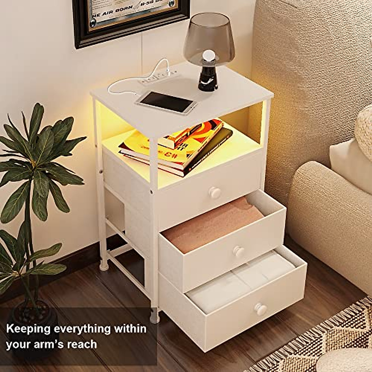 Tohomeor End Table with Charging Station LED Light Nightstand Bedroom Bed Side Dresser with 3 Fabric Drawers Open Storage Shelf Living Room Sofa End Table with USB Ports and Outlet (White, 1 Pack)