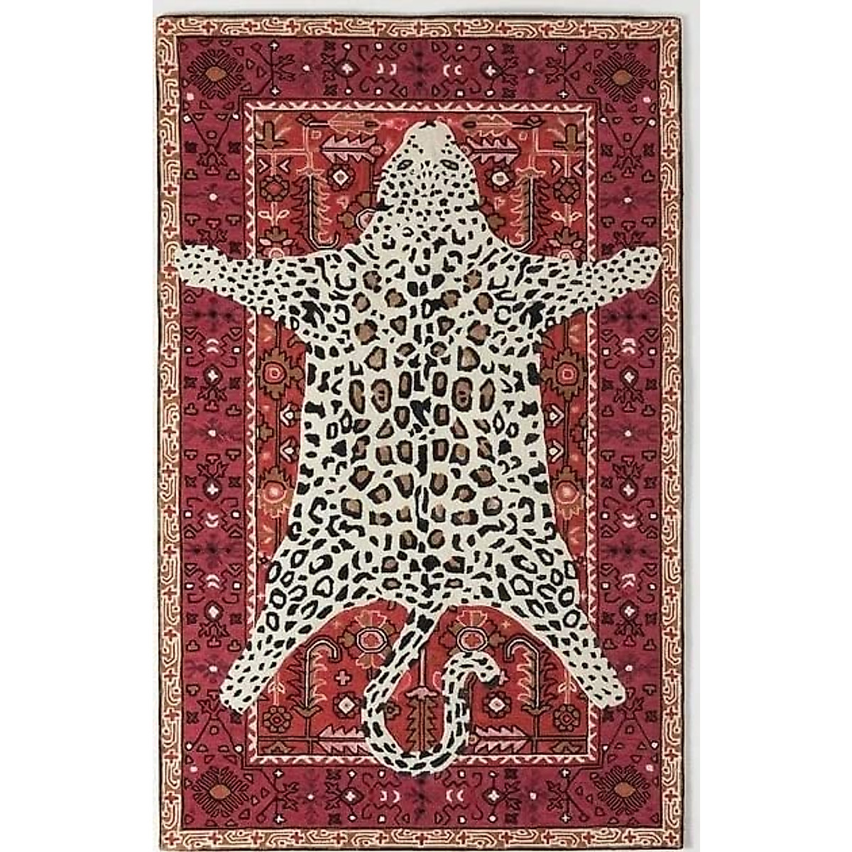 Restoration and Renovation Handmade White Leopard Rug with Blue/Red Persian Background | Animal Print Cheetah Wool Area Rug for Living Room, Bedroom and Kitchen (Red, 3x5 ft)