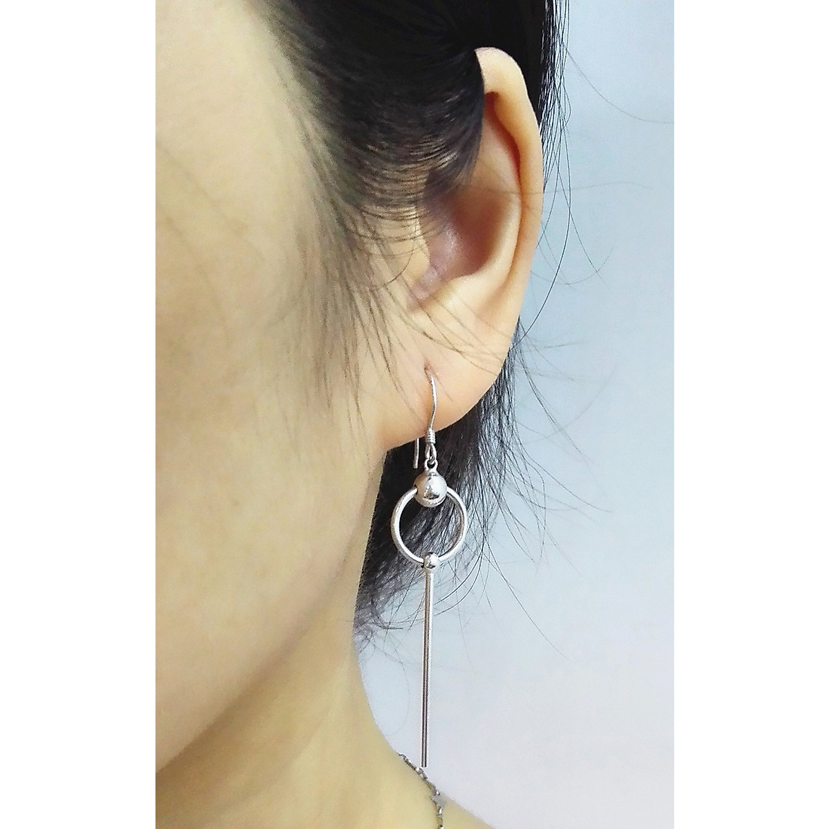 925 Sterling Silver Bead with Long Line Bar Dangle Earrings