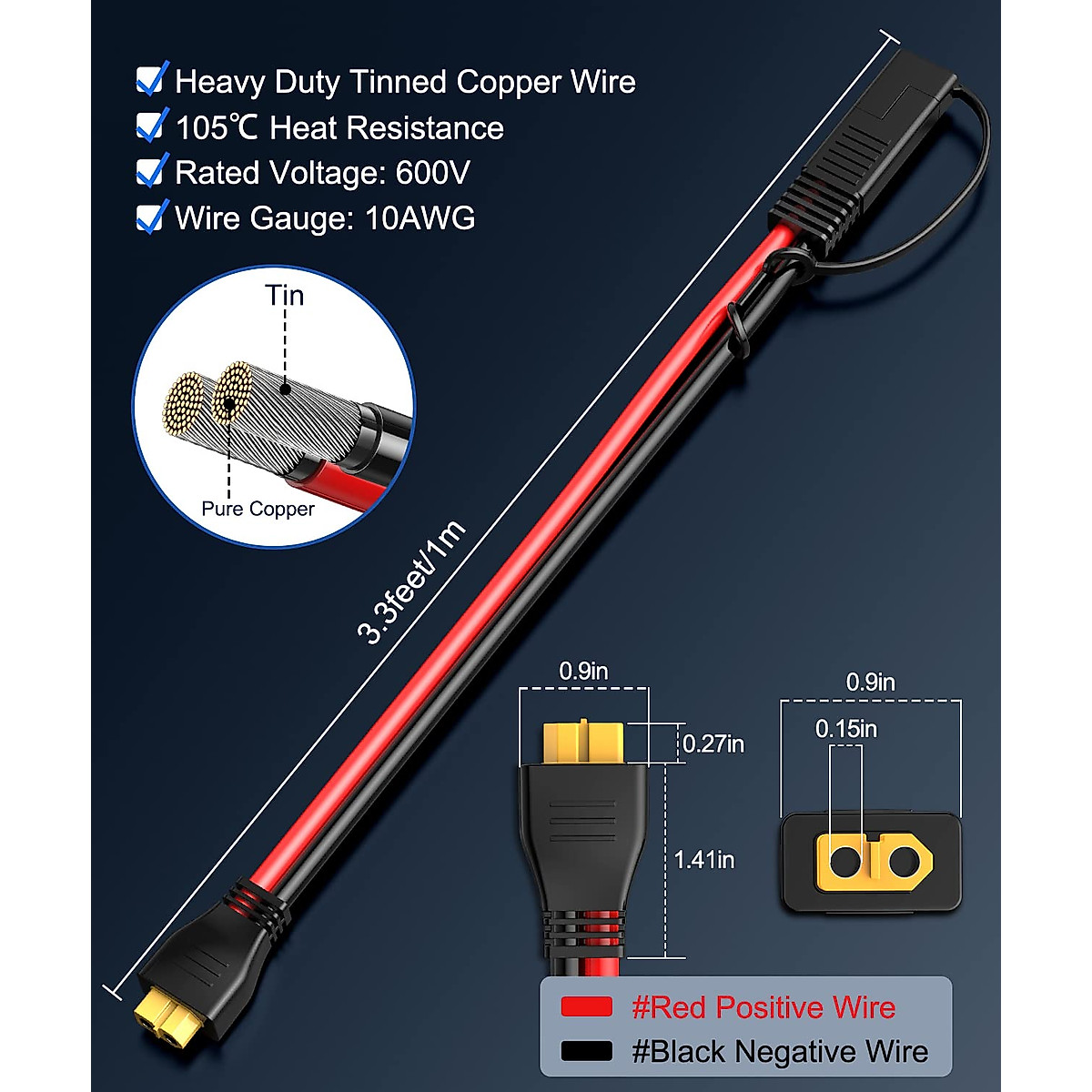ELECTOP 10AWG SAE to XT60 Connector Extension Cable, SAE Plug XT60 Female Adapter Charger Solar Panel Cable Connector Kit for Solar Generator Portable Power Station with SAE Polarity Reverse Adapter