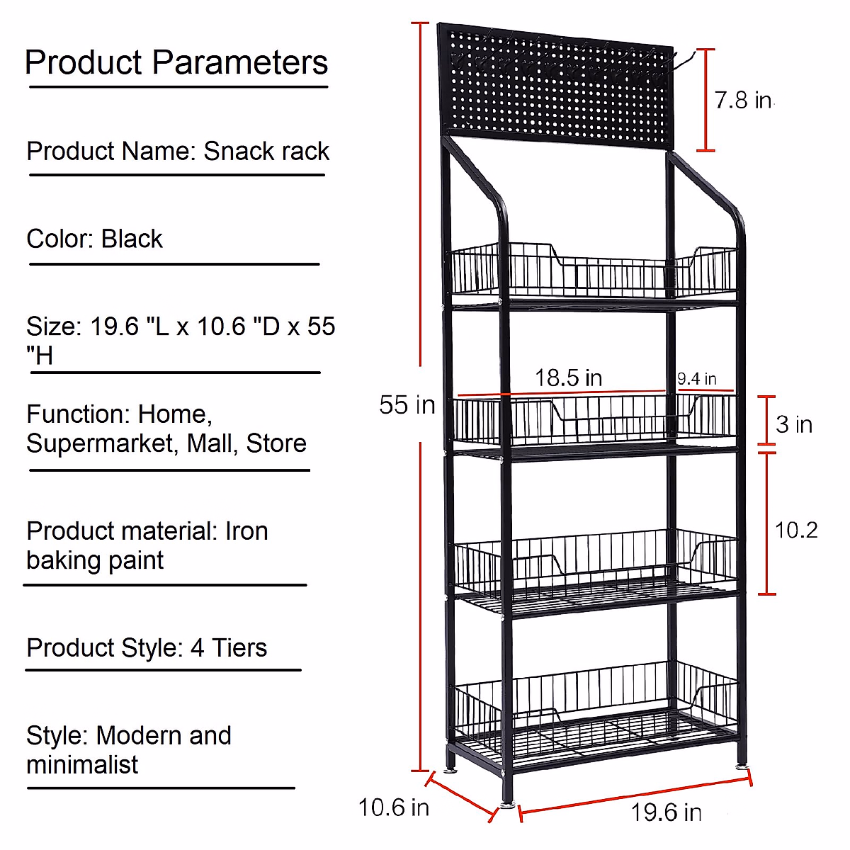 4-Tier Kitchen Baker's Racks Snack Display Rack Organizer with Wheels Metal Standing Shelf Units for Bathroom Living Room Office Garage 19.6 x 10.6 x55in,150lbs Loading(Black)