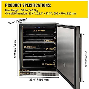 VEVOR 24" Undercounter, 5.3 cu.ft. Compact Stainless Steel， Built-in Beverage Refrigerator,Mini Beer Fridge for Home Bar Office Outdoor, Silver