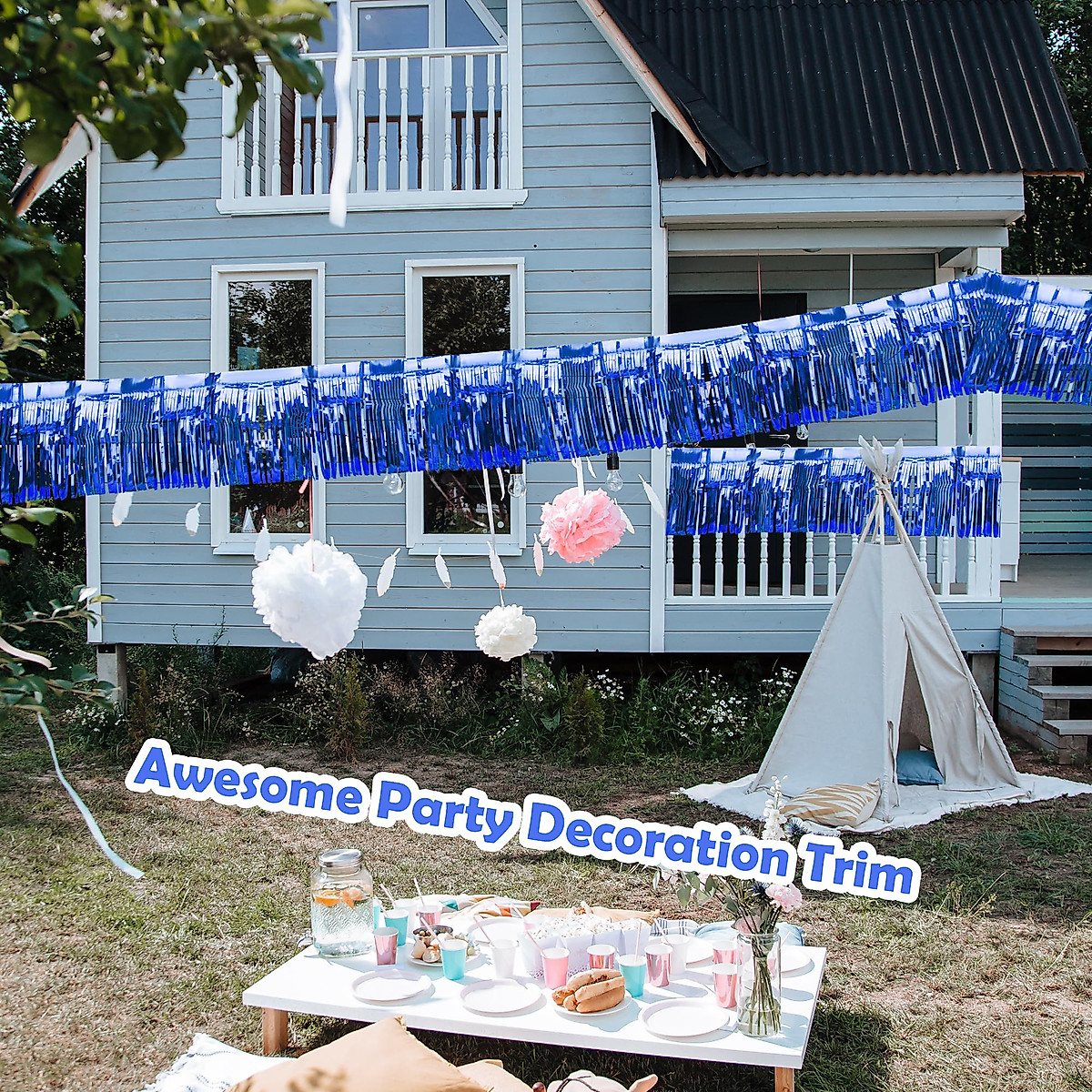 3 Pack 10 Feet Fringe Float Banner Curtains Metallic Foil Fringe Garland Shiny Tassel Foil Float, Parade Float Decorations for Trailer Car Graduation Homecoming Birthday Party (Royal Blue)