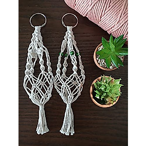 TIMECOSY Mini Macrame Plant Hanger Rear View Mirror Car Cactus Charm Decorations Boho Hanging Plant Holder, Tiny Car Succulent Gifts for Plant Lover, 10.5-Inch