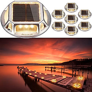 JACKYLED 8-Pack Solar Deck Lights Outdoor, 12 LED Solar Dock Lights Marine Waterproof, Dusk to Dawn Solar Lights for Backyard Sidewalk Garden Pathway Walkway Patio Backyard (Warm White)