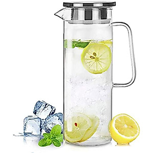 Glass Pitcher with Lid, 34 Oz Heat Resistant Glass Water Carafe with Handle for Fridge, Small Pitcher for Iced Tea, Milk, Hot and Cold Beverage, Glass Juice Jug 1000ML/34oz