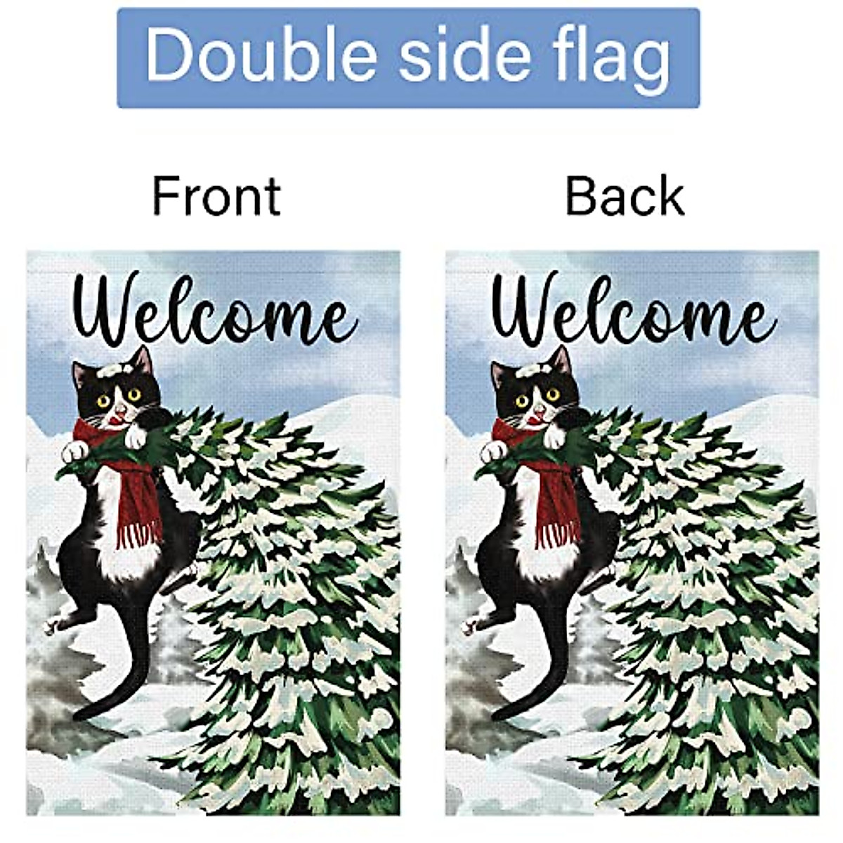 Welcome Winter Garden Flag 12x18 Double Sided, Burlap Farmhouse Small Pine Tree Black Cat Garden Yard Flags for Winter Seasonal Outside Outdoor House Holiday Decor (ONLY FLAG)