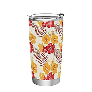 Tropical Style Flower Leaves Yellow and Red Stainless Steel car cup with Lid and Straw mug for hot drinks for hot and cold drinks leakproof flip straw tumbler 20 OZ