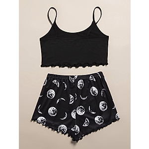 WDIRARA Women's Sleepwear Cute Print Lettuce Trim Cami and Shorts Pajama Set Black Moon M