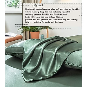 Revdomfly 4 Pcs Luxury Silky Soft Olive Green Satin Sheet Set,1 Premium Moisture Wicking Fitted Sheet Fits Up to 16 Inches Deep Pocket + 1 Flat Sheet + 2 Pillowcases（Olive Green, California King）