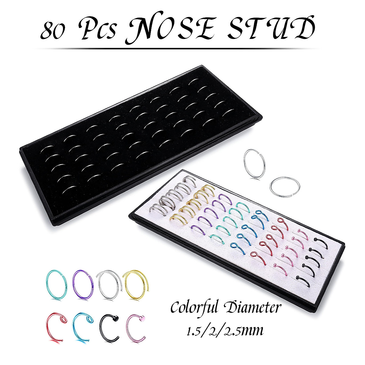 HAIAISO 200Pcs Nose Ring Studs Set for Women Men Stainless Steel Nose Rings Hoops Bone Screw L Shaped Nose Rings Nose Piercing Jewelry 20G 22G 1.5mm 2mm 2.5mm