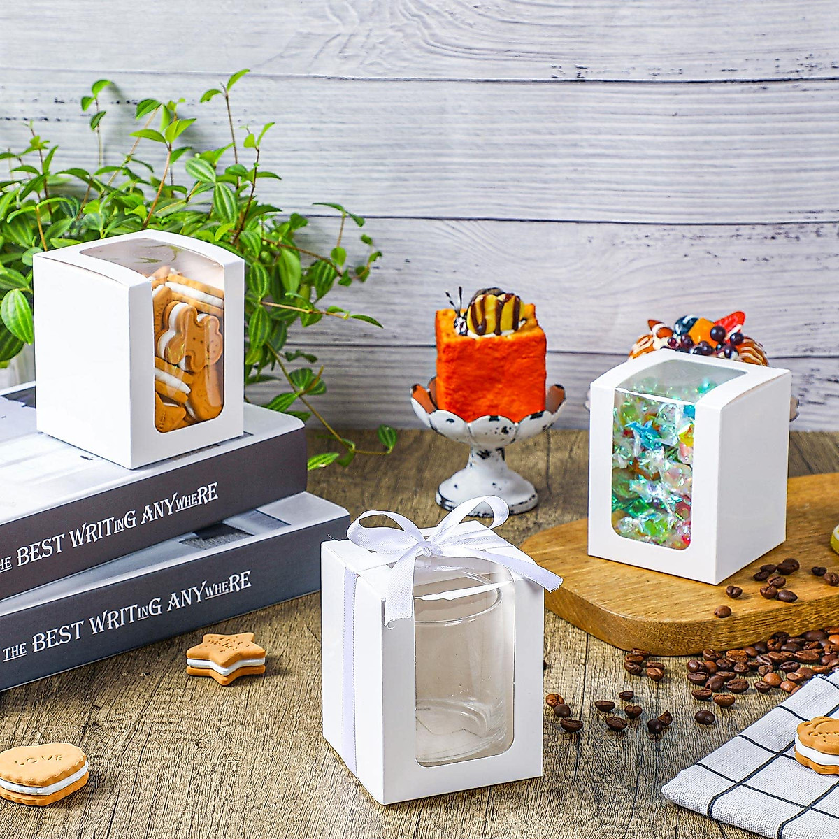 50 Set Wine Glass Gift Box Glassware Display Box Favor Boxes with Clear Window 9 oz Stemless Wine Glass Storage Box for Wedding Bridal Shower Baby Shower Birthday Parties Favors (White)