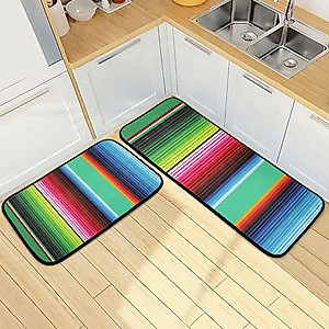 Mexican Serape Blanket Stripes Kitchen Rug Mats 2PCS Non Slip 47" x 20" + 28" x 20" Kitchen Carpet Floor Mat Hallway Rugs Anti Fatigue Doormat