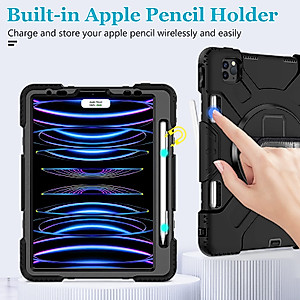 Case for iPad Pro 11 Inch (2022/2021/ 2020/2018): Silicone Cover for iPad 11 (4th/ 3rd/ 2nd/ 1st) Generation with Screen Protector- Stand- Handle- Shoulder Strap- Pencil Holder- Black