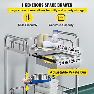 VEVOR Lab Cart 2 Layers Dental Cart with 1 Drawer Stainless Steel Cart 1 Refuse Basin Lab Utility Cart w/Silent Omnidirectional Wheels Stainless Utility Cart for Laboratory Hotel Restaurant Home Use