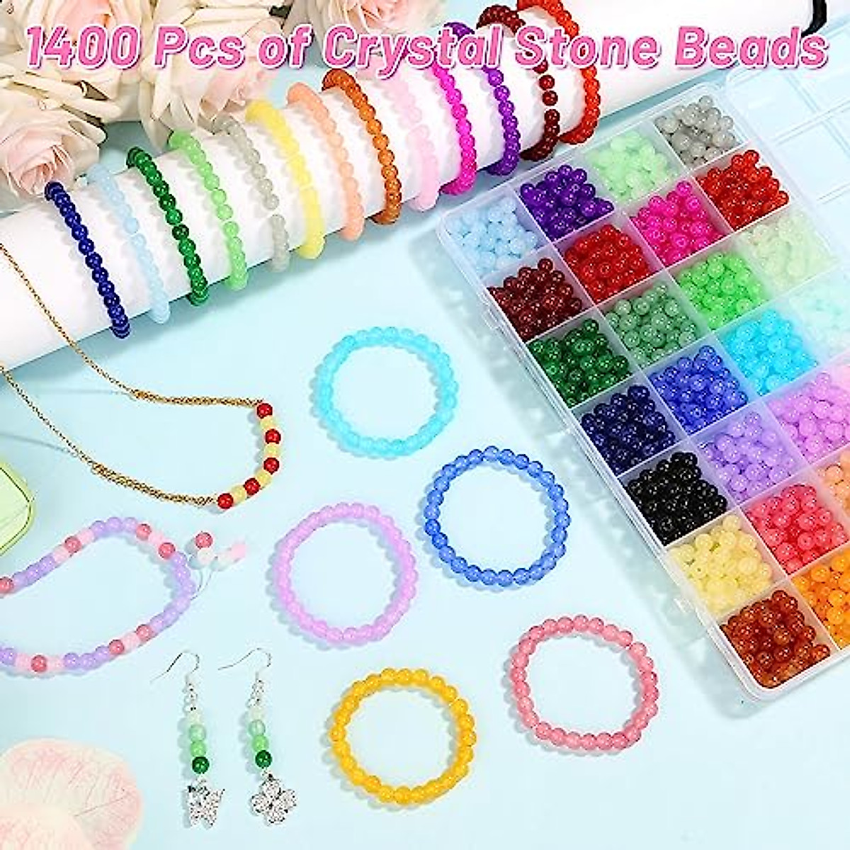 shynek 1400 Piecess 6mm Round Glass Beads for Jewelry Making, 28 Colors Crystal Beads for Bracelets Jewelry Making and DIY Crafts