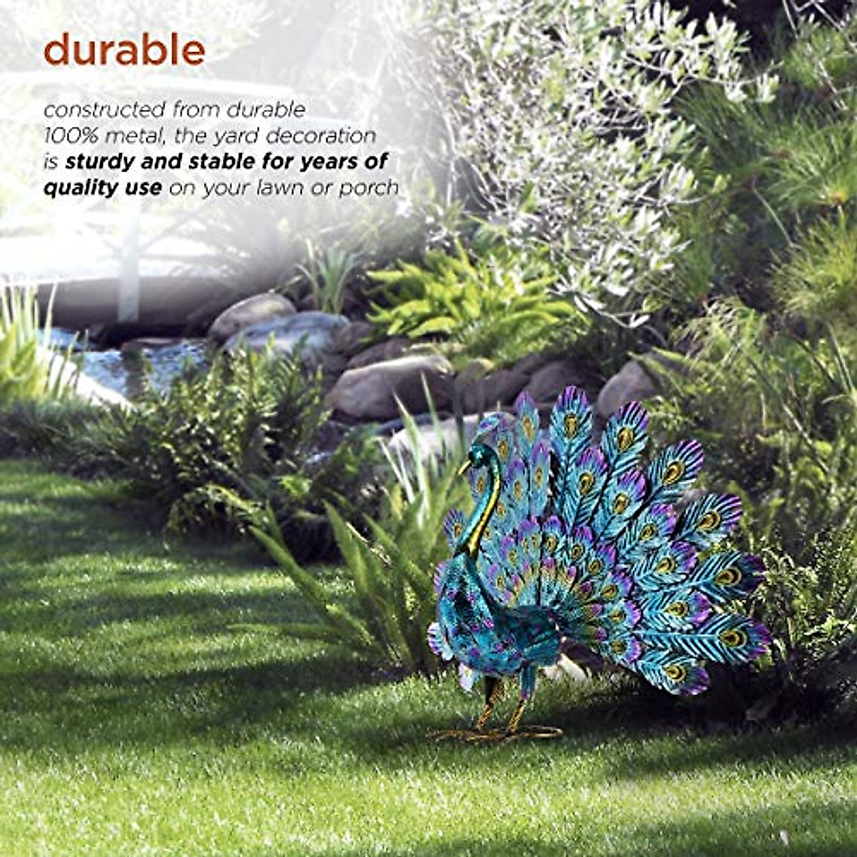 Alpine Corporation JUM232 Metal Peacock Outdoor Statue, 32" L x 12" W x 23" H, Multi-Color