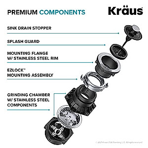 Kraus KWD100-75MBL WasteGuard Continuous Feed Garbage Disposal with 3/4 Horsepower Ultra-Quiet Motor for Kitchen Sinks with Power Cord and Flange Included, 15.25 inch, Black