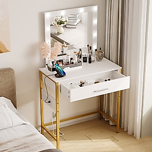 Irontar Makeup Vanity Table with Charging Station and USB Ports & Power Outlets, Bedroom Vanity Desk with Lights and Mirror for Women, Makeup Table with Drawer, White