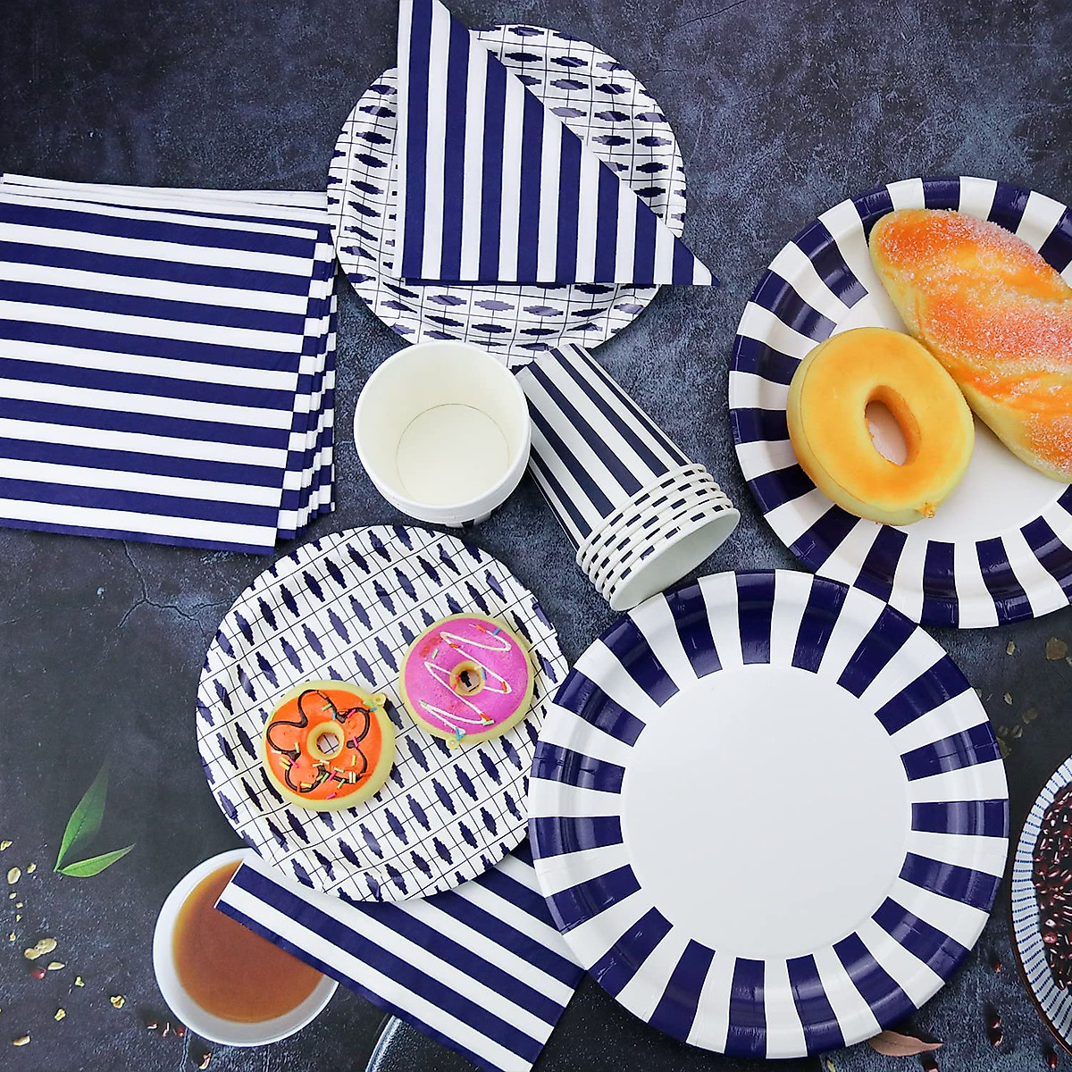 Navy Blue Striped Party Supplies, Blue and White Birthday Party Pack, Navy Blue Paper Plates and Napkins Set for Boys Baby Shower Birthday Graduation Summer Blue Party, Services 40
