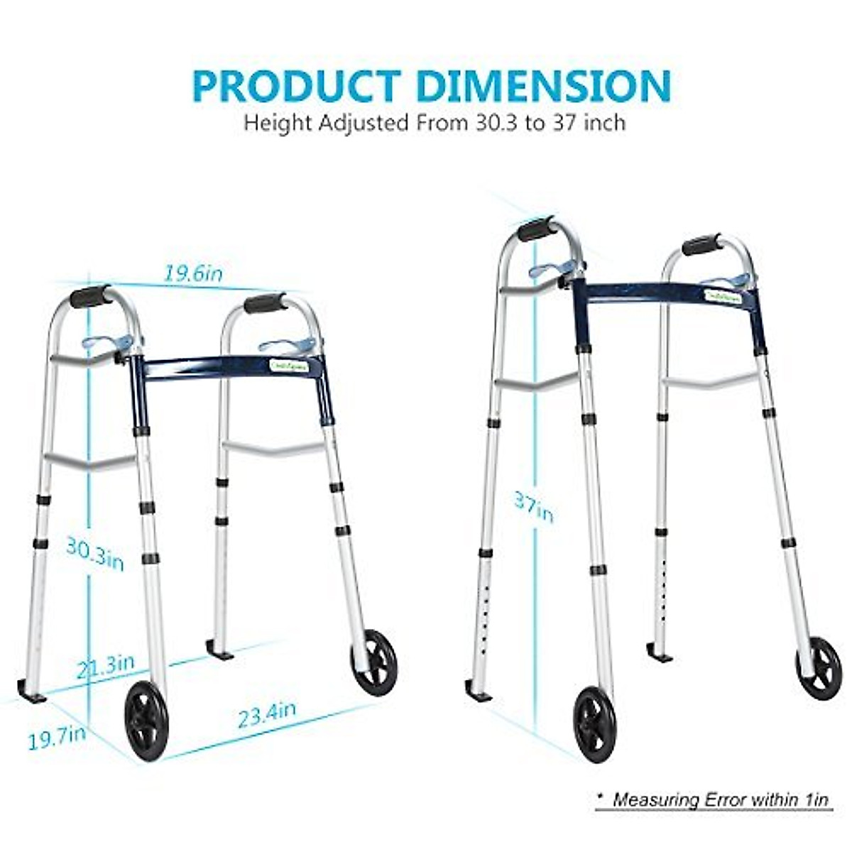 OasisSpace Compact Folding Walker, with Trigger Release and 5 Inches Wheels for The Seniors [Accessories Included] Narrow Lightweight Supports up to 350 lb